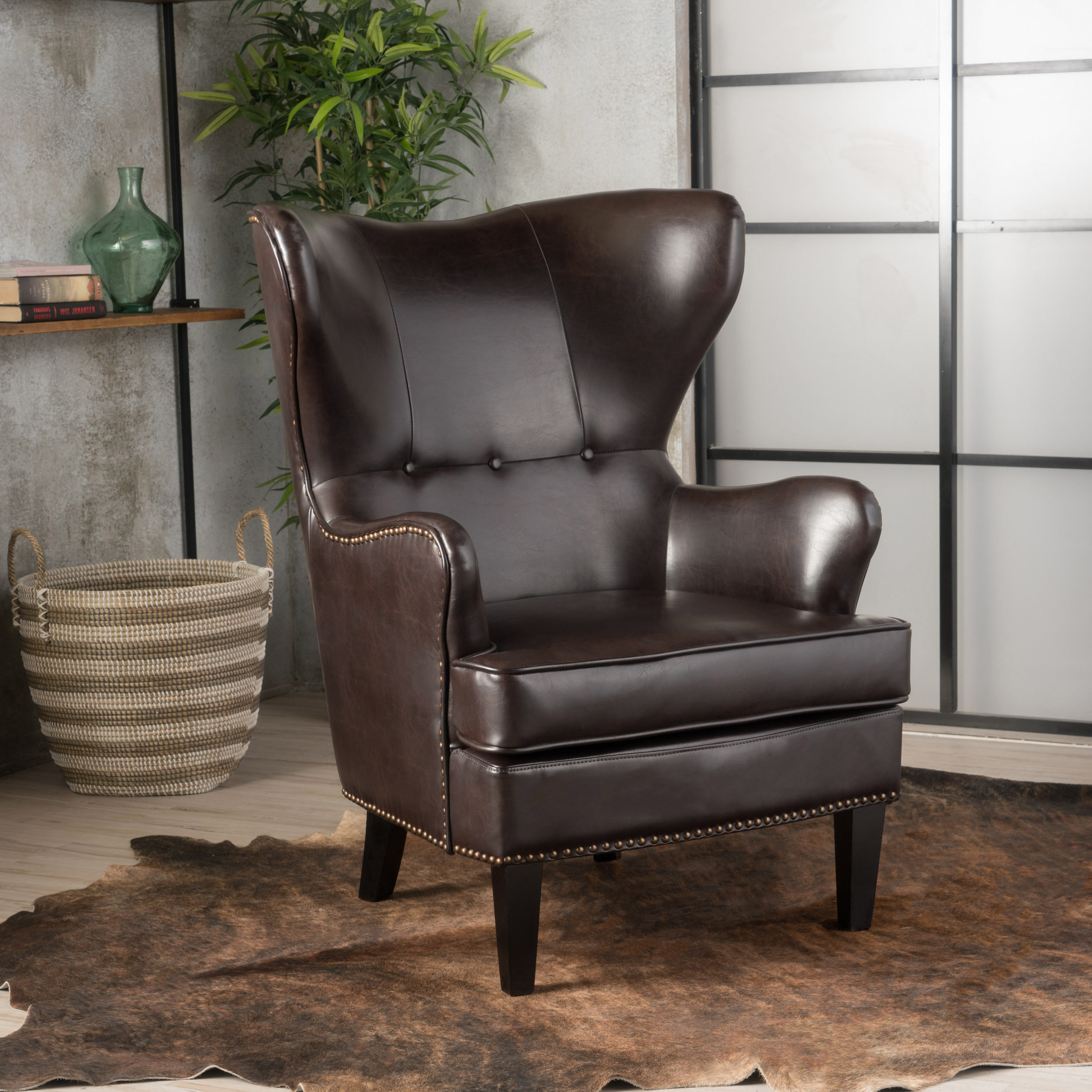 GDF Studio Romford Bonded Leather Wingback Club Chair - Transitional ...