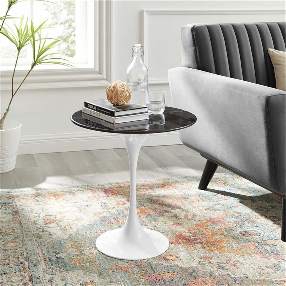 Modway Lippa 20" Round Modern Artificial Marble/Metal Side Table in Black/White - Midcentury ...