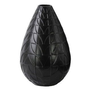 Round Ceramic Vase With Embossed Triangle Design, Matte Black ...