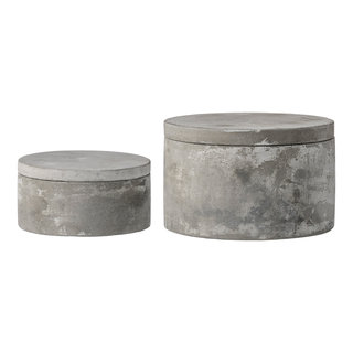 Gray Round Decorative Cement Boxes With Lids, 2-Piece Set - Industrial ...