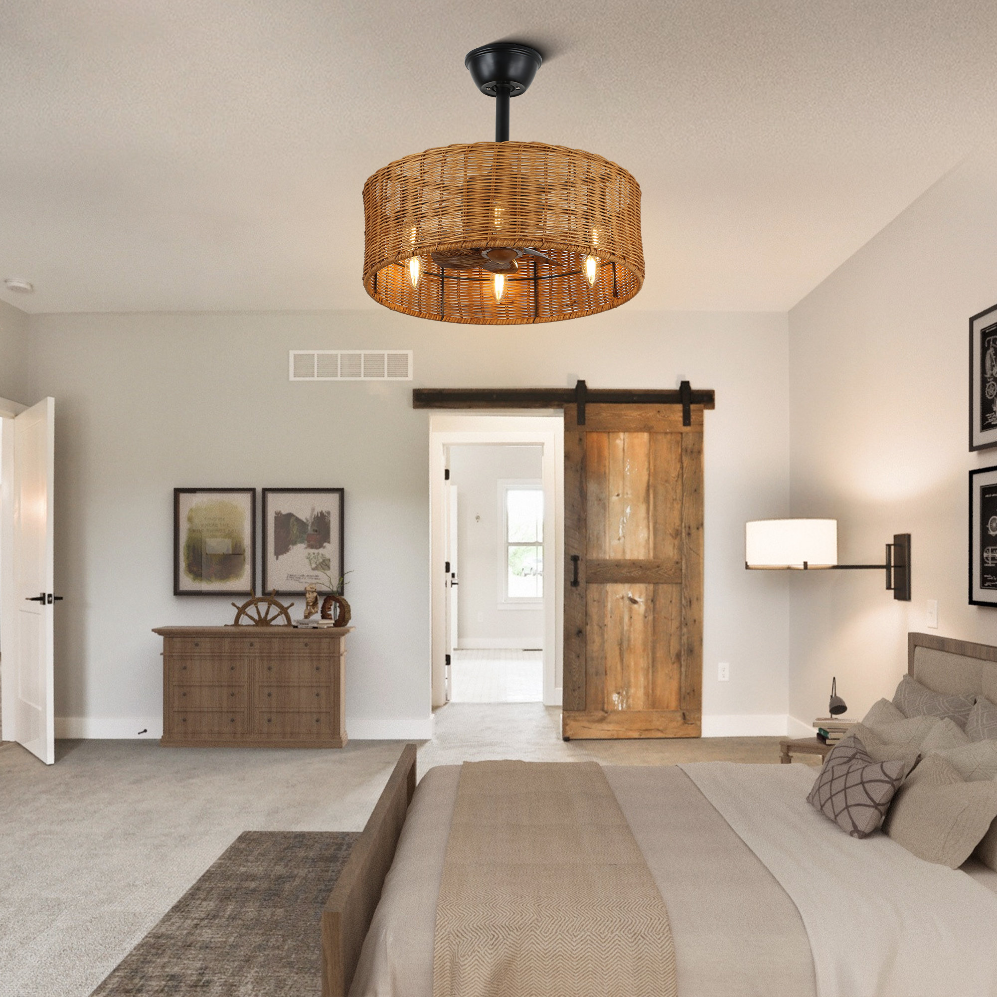 18In Rattan Weaving Ceiling Fan 6-Light 3-Speed with Remote and Light ...