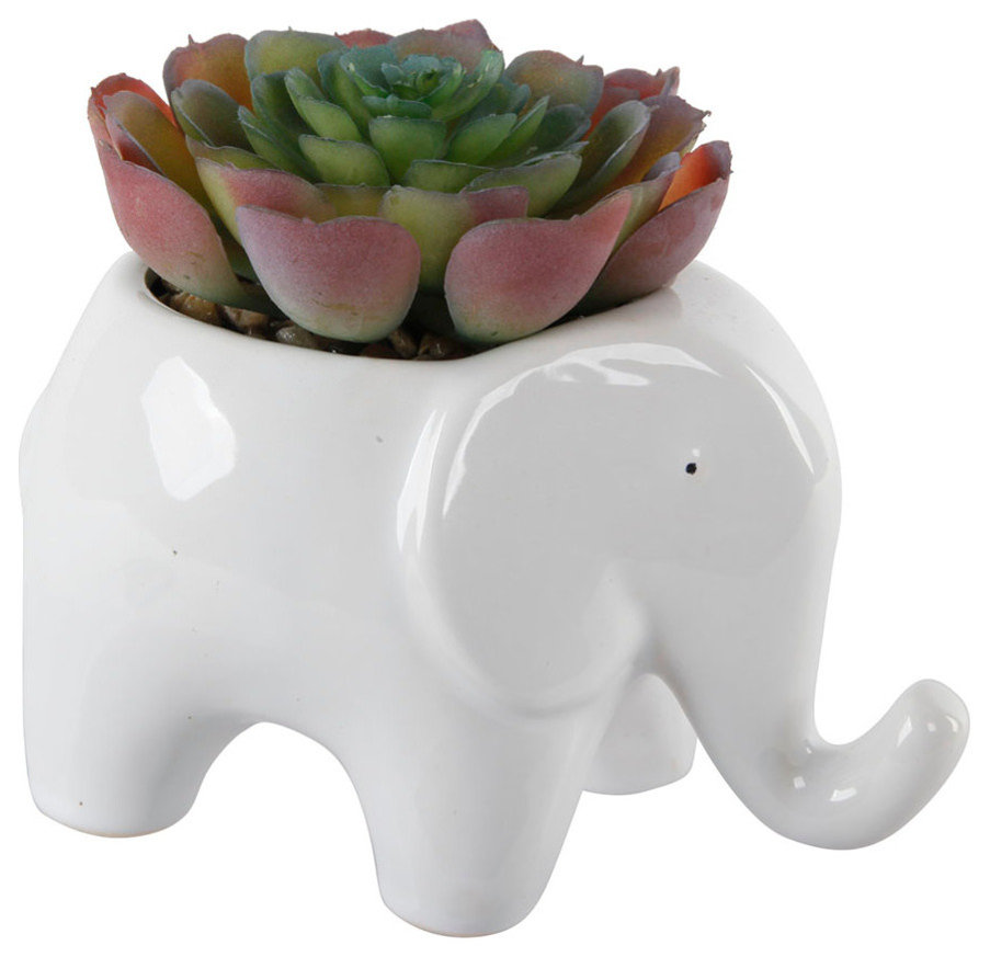 Ceramic Elephant Pot With Faux Succulent 5", Set Of 3 - Tropical ...