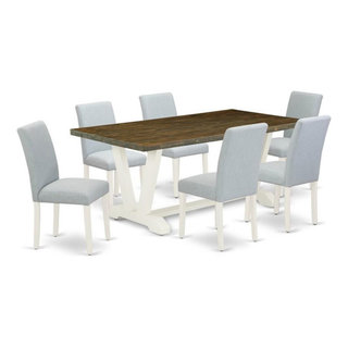 East West Furniture V-Style 7-piece Wood Dining Set in White/Blue ...