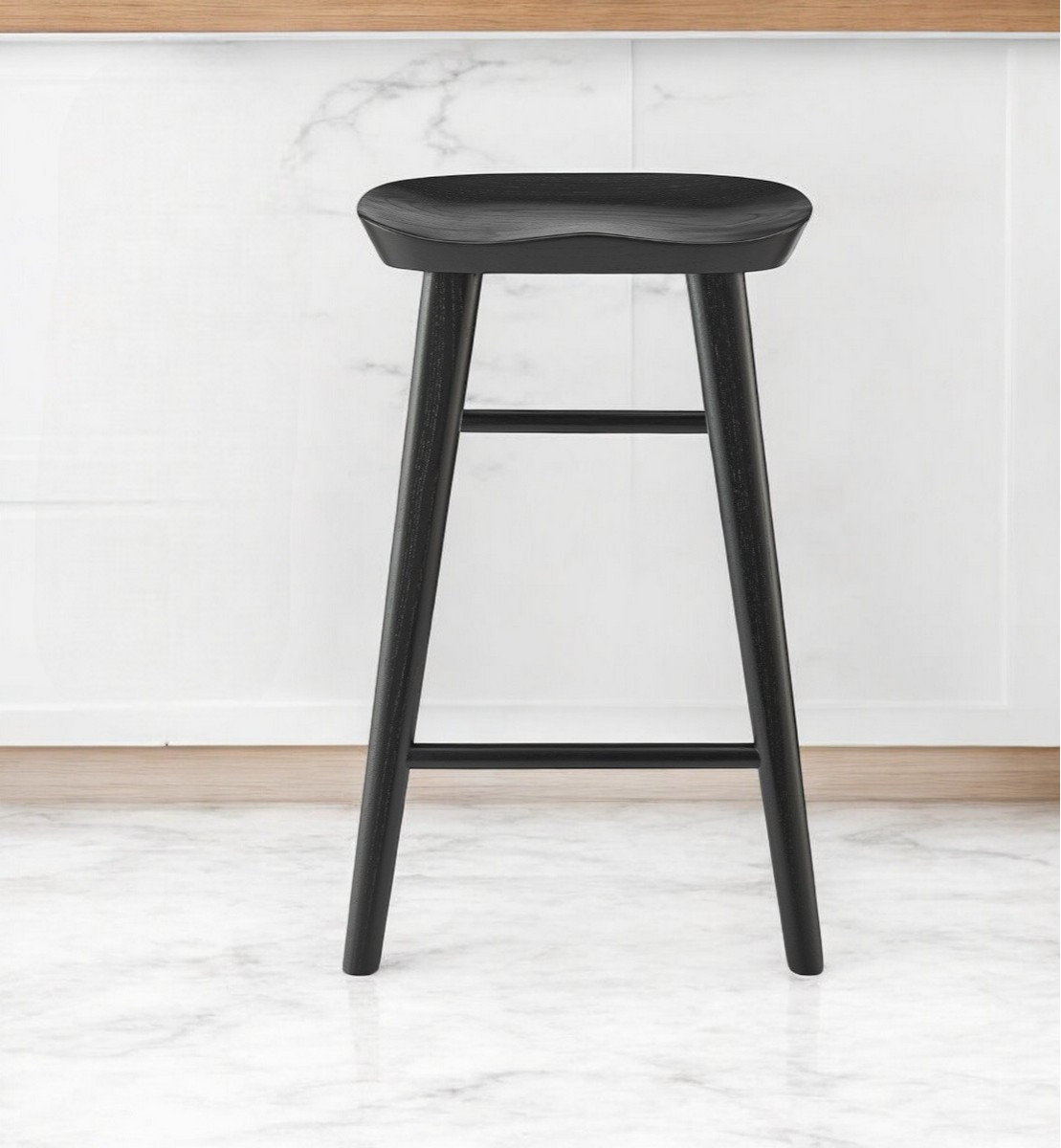 25" Black Solid Wood Backless Counter Height Bar Chair - Midcentury ...