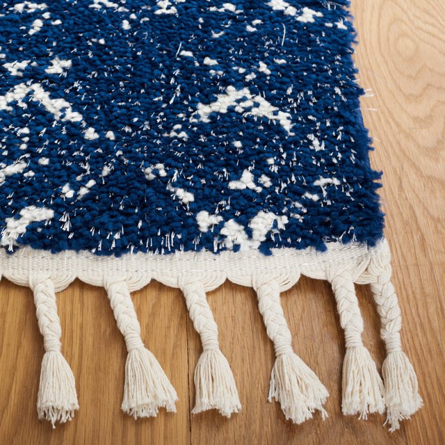 Fringe Shag Aztec Area Rug with Navy and Ivory Tribal Geometric Pattern ...