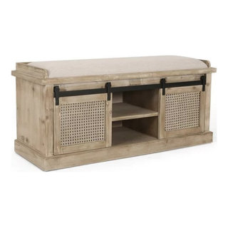 Beige Upholstered Wood Storage Bench with Sliding Doors and Metal ...