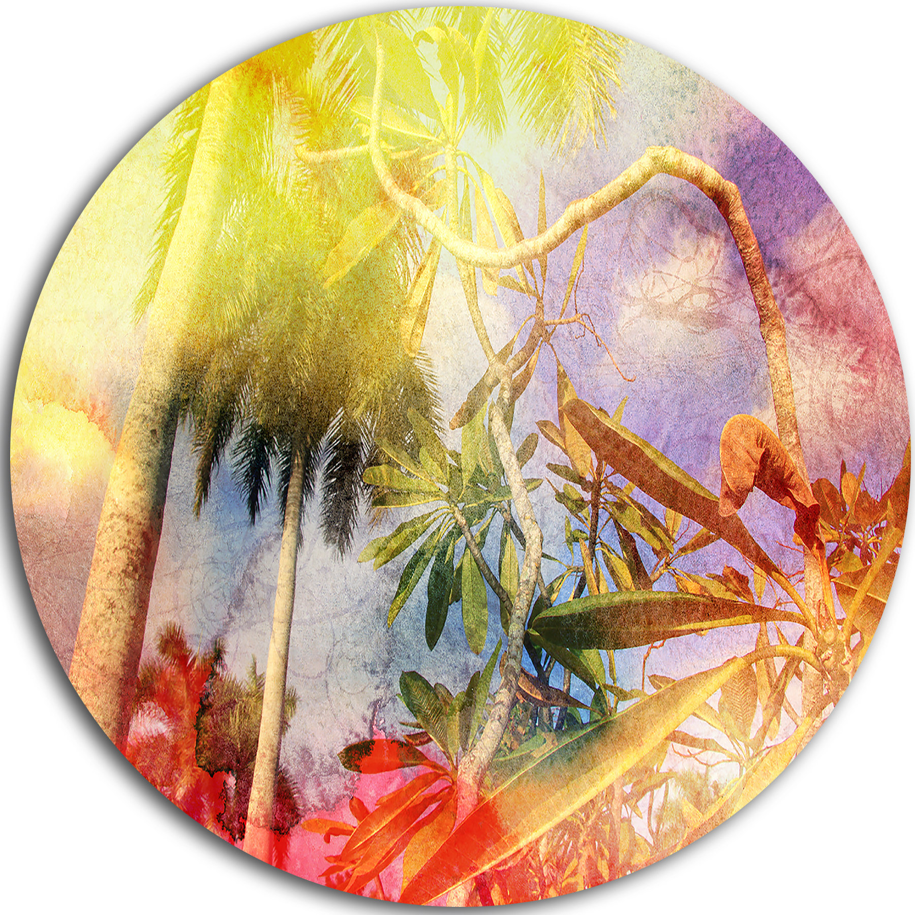 Yellow Retro Palm Trees, Landscape Painting Disc Metal Wall Art, Disc ...