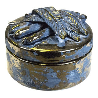 Round Shape Ceramic Feathered Box with Distressed Details, Black and ...