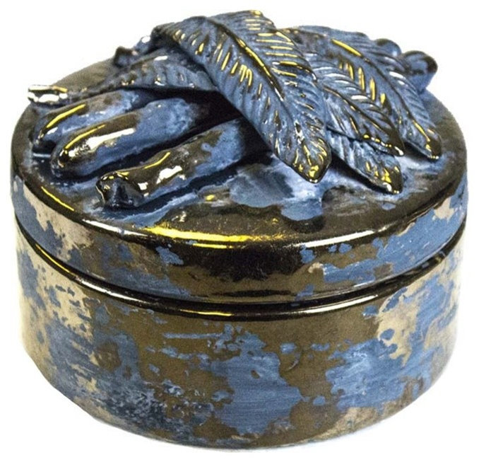 Round Shape Ceramic Feathered Box with Distressed Details, Black and ...