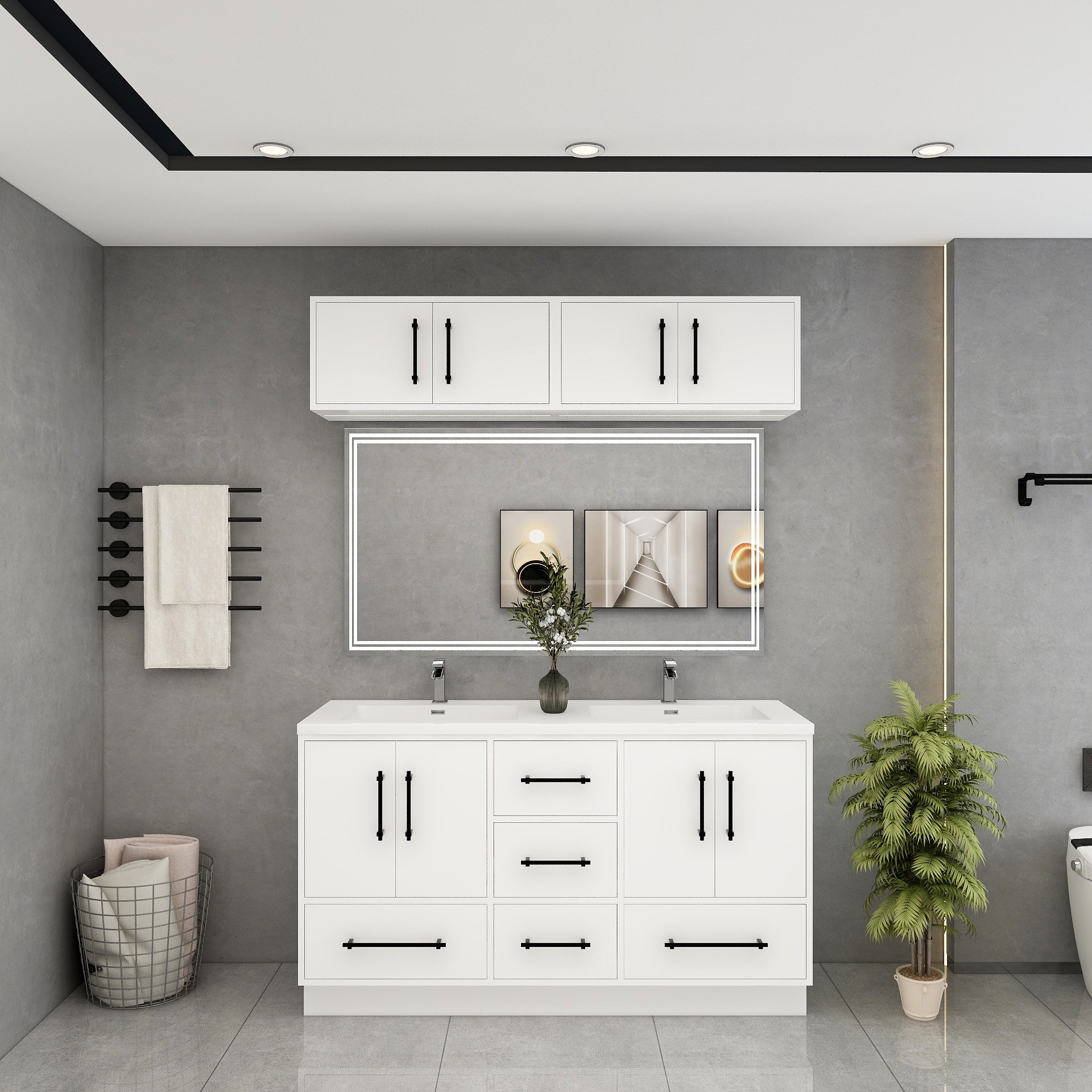 Victoria 60" Solid Wood Vanity Double Sink, Overhead Cabinet ...