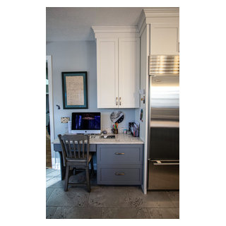 Two Tone Medallion White and Blue Kitchen with Gray Backsplash ...