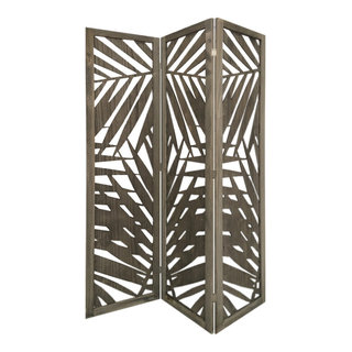 67" Gray Solid WoodFolding Three Panel Screen Room Divider - Tropical ...