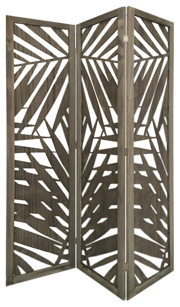 67" Gray Solid WoodFolding Three Panel Screen Room Divider - Tropical ...