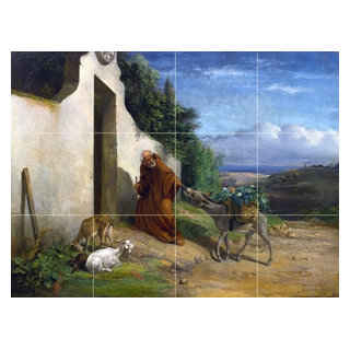 Tile Mural, Monk Pulling Donkey Backsplash, 4.25" Ceramic, Matte ...