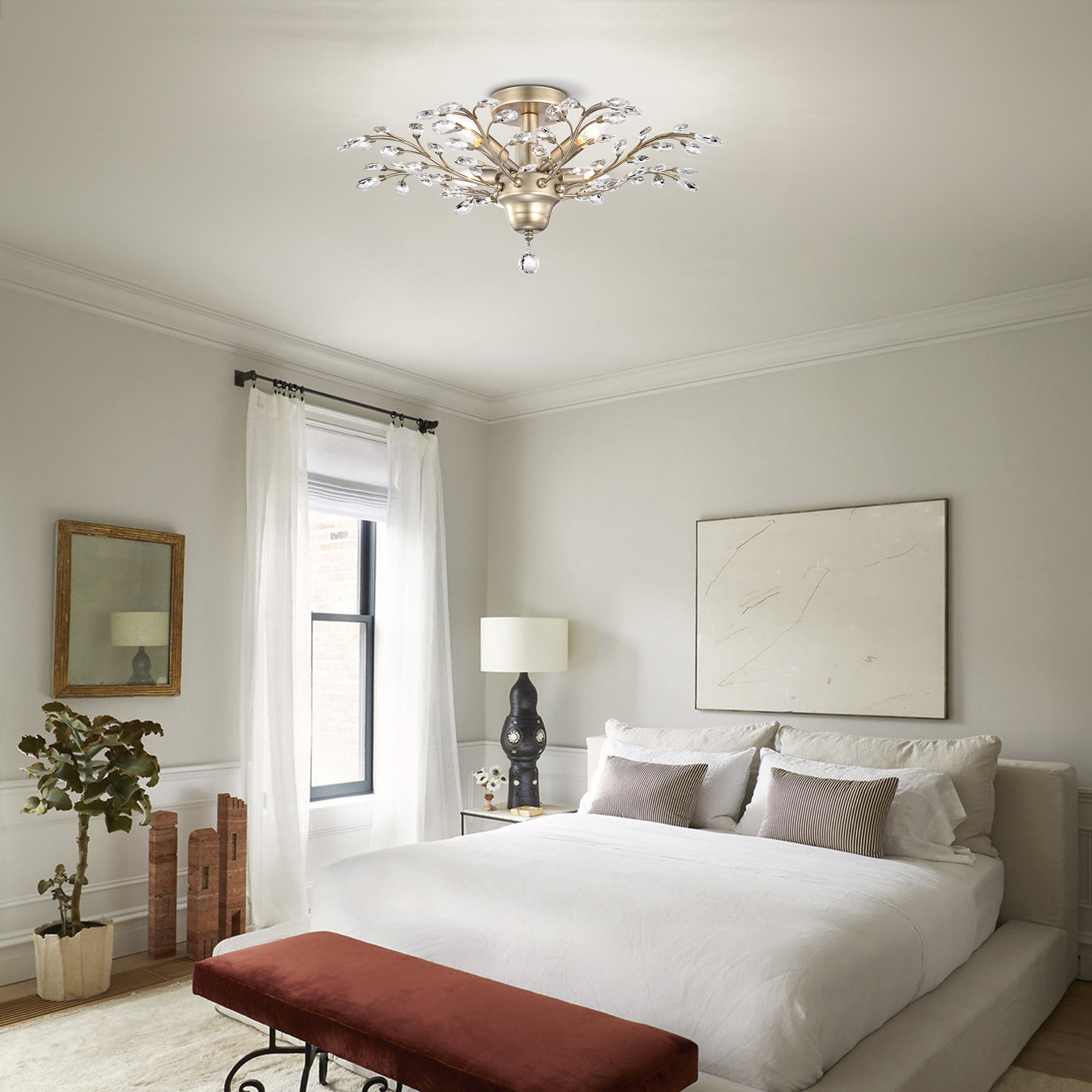 Cathy 4-Light Crystal Leaves Flush Mount in Brushed Champagne Silver ...