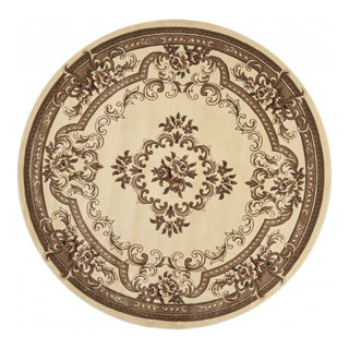 8' Ivory Machine Woven Hand Carved Floral Medallion Round Indoor Area ...