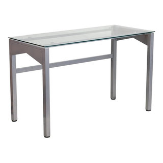 Forsan Office Computer Desk With Clear Tempered Glass Top, Silver Frame ...