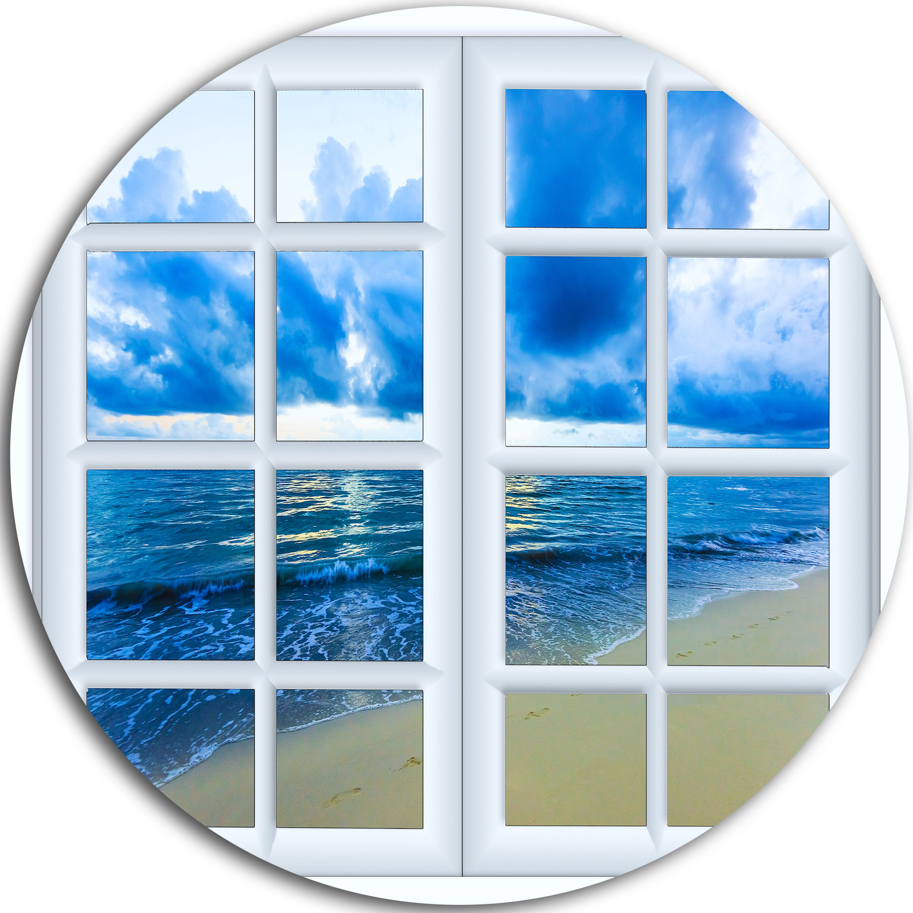 Closed Window to Blue Seascape, Landscape Round Metal Wall Art, Disc of ...