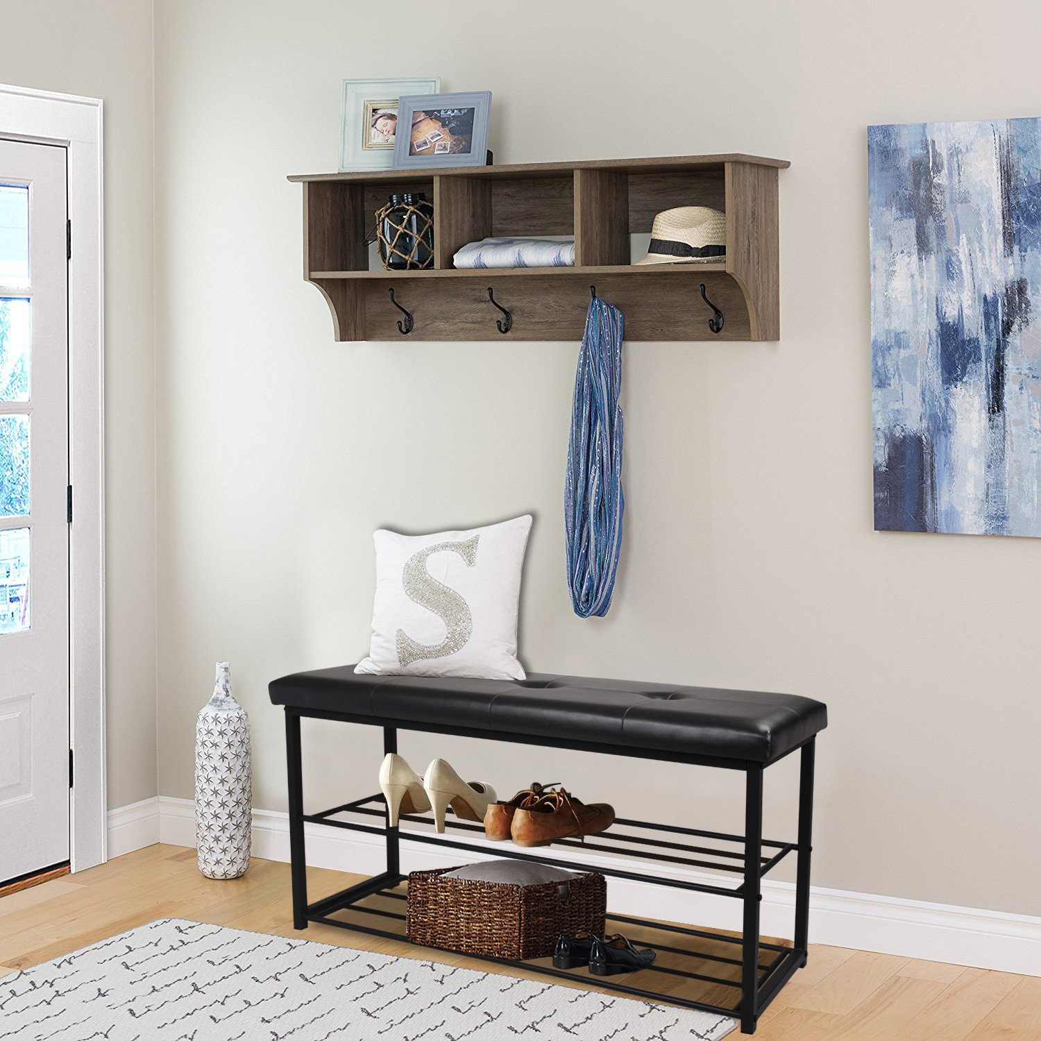 Black Entryway Shoe Rack Bench, Cushioned Faux Leather Seat ...