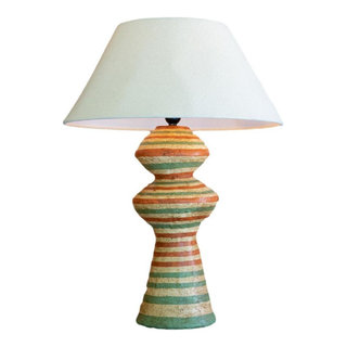 Whimsical Green Rust Red Stripe Table Lamp Paper Mache 28 in Sculptural ...