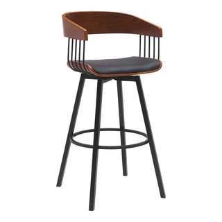 Athena 27" Swivel Walnut Wood Counter Stool Black Faux Leather With ...