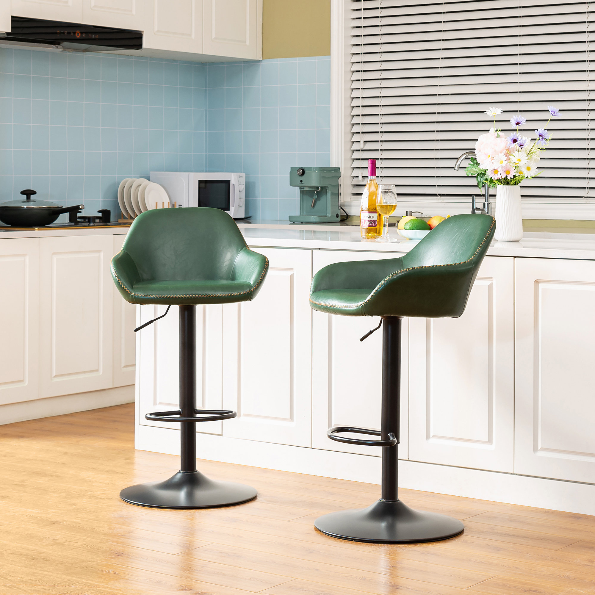 Hunter Green Vintage Leatherette Bar Stool, Set of 2 - Transitional ...