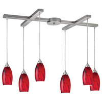 6-Light Rectangular Pendant, Nickel Finish, Red Glass Color ...