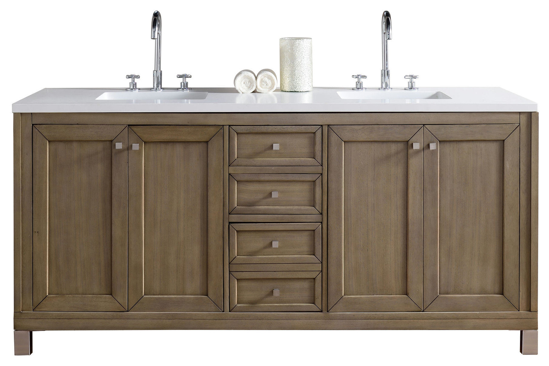 Chicago 72" Double Vanity, Whitewashed Walnut w/ 3 CM Classic White ...