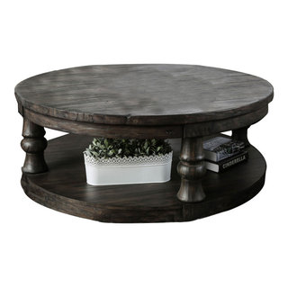 Round Wooden Coffee Table With Open Bottom Shelf, Dark Brown - Rustic ...