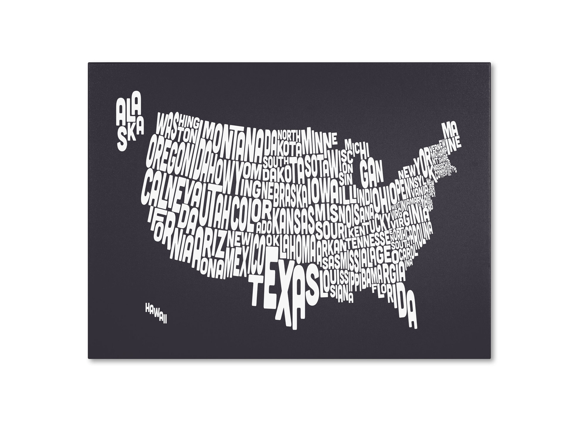'USA States Text Map - Charcoal' Canvas Art by Michael Tompsett, 14" x ...