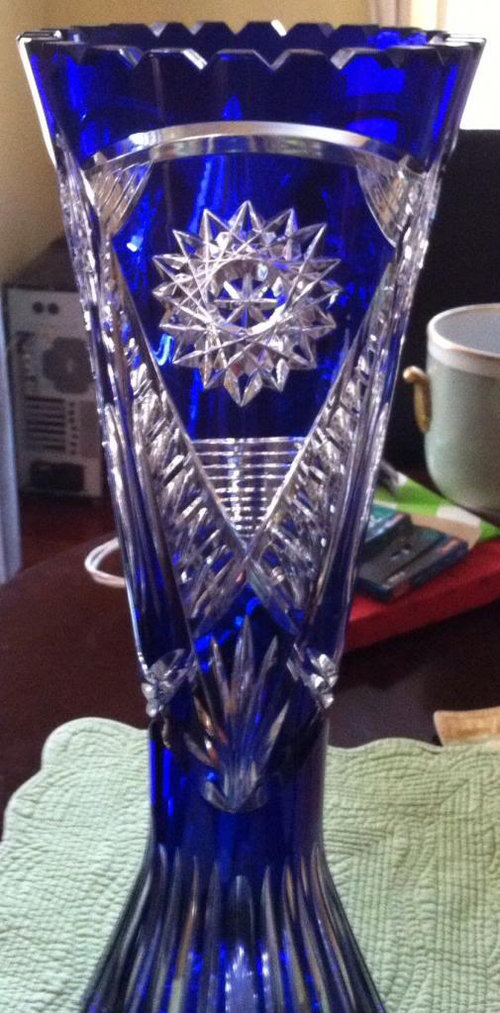 Blue cut glass vase