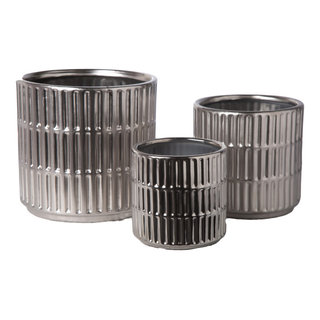 Round Ceramic Pot with Engraved Column Design Matte Silver Finish, Set ...