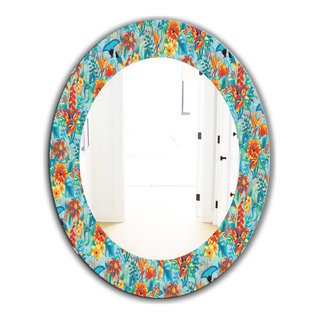 Tropical Pattern Bohemian Eclectic Frameless Round Wall Mirror, 24x36 ...