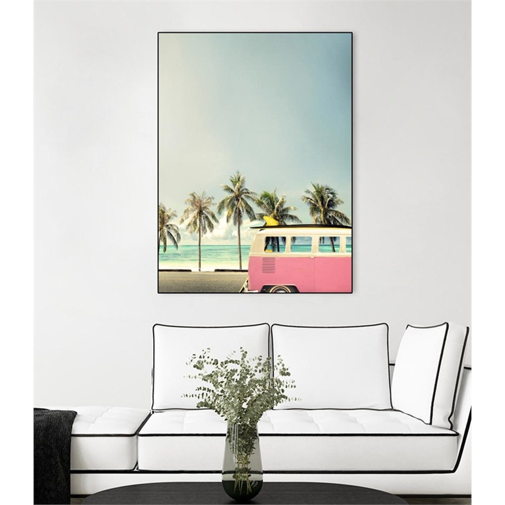 Giant Art Canvas 24x32 Surf Bus Pink Framed in Multi-Color - Tropical ...