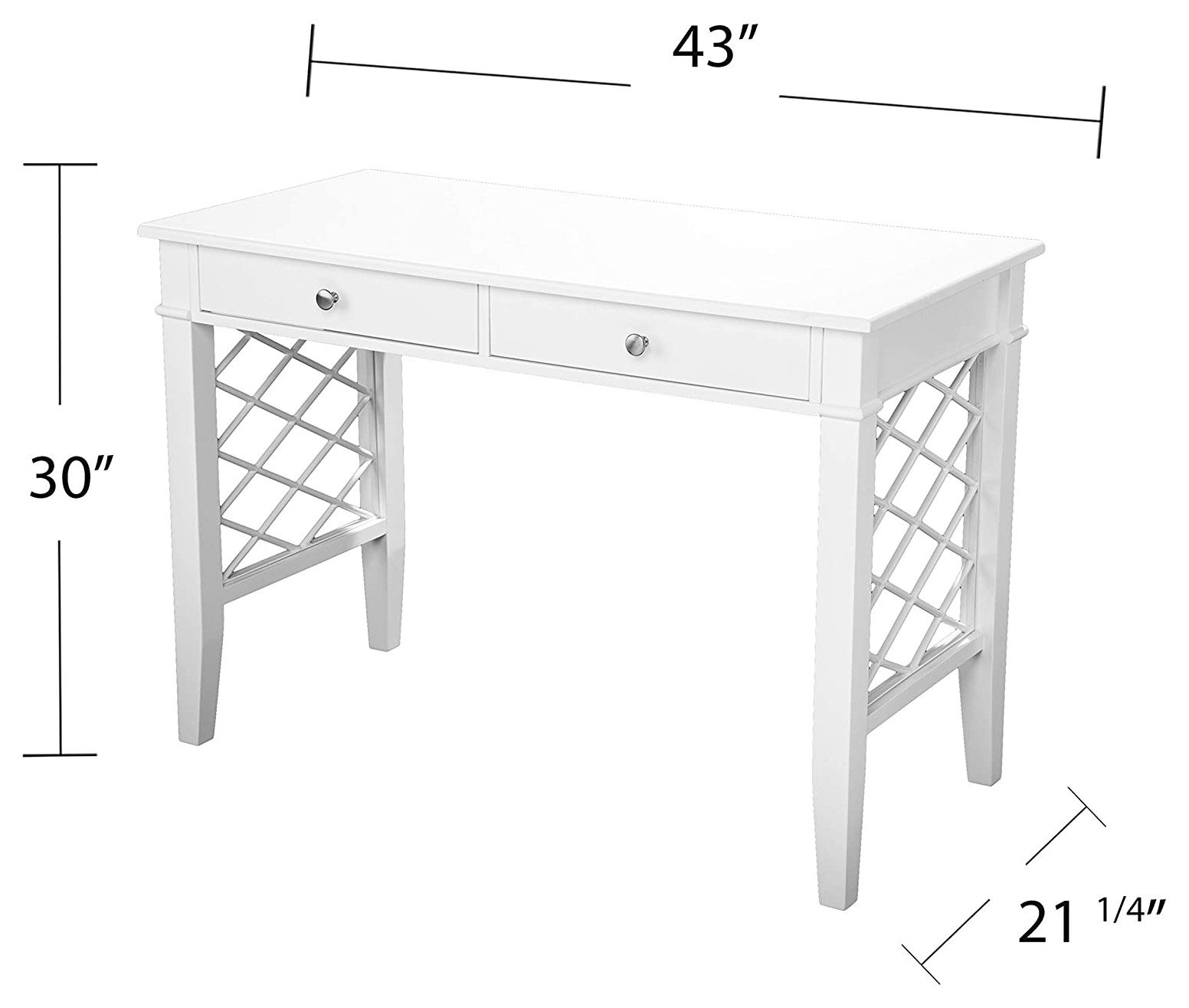 Unique Writing Desk, Crossed Side Panels and 2 Front Drawers, White ...