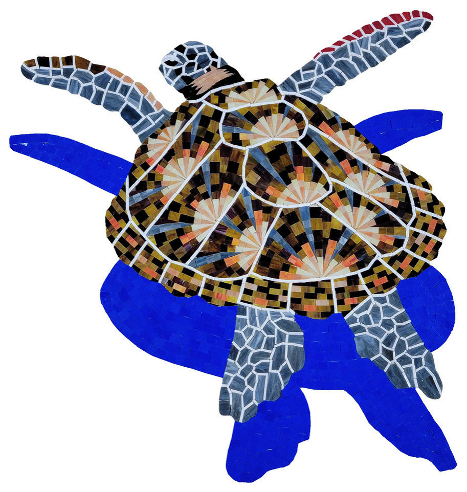 Loggerhead Turtle Glass Swimming Pool Mosaic, 28"x29" With Shadow - Beach Style - Accent Trim ...