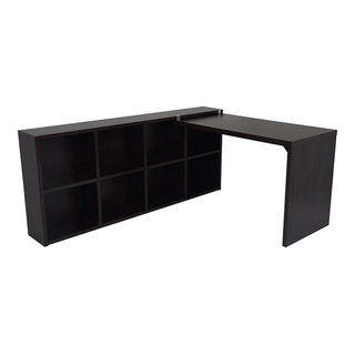 L Shaped Wooden Desk Combo with 8 Cubbies Bookcase, Espresso Brown ...