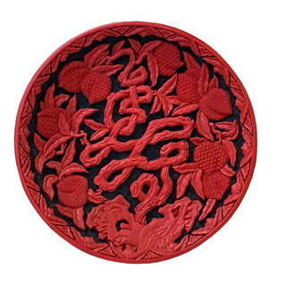 Chinese Red Resin Lacquer Round Peach Tree Relief Carving Accent Plate ...