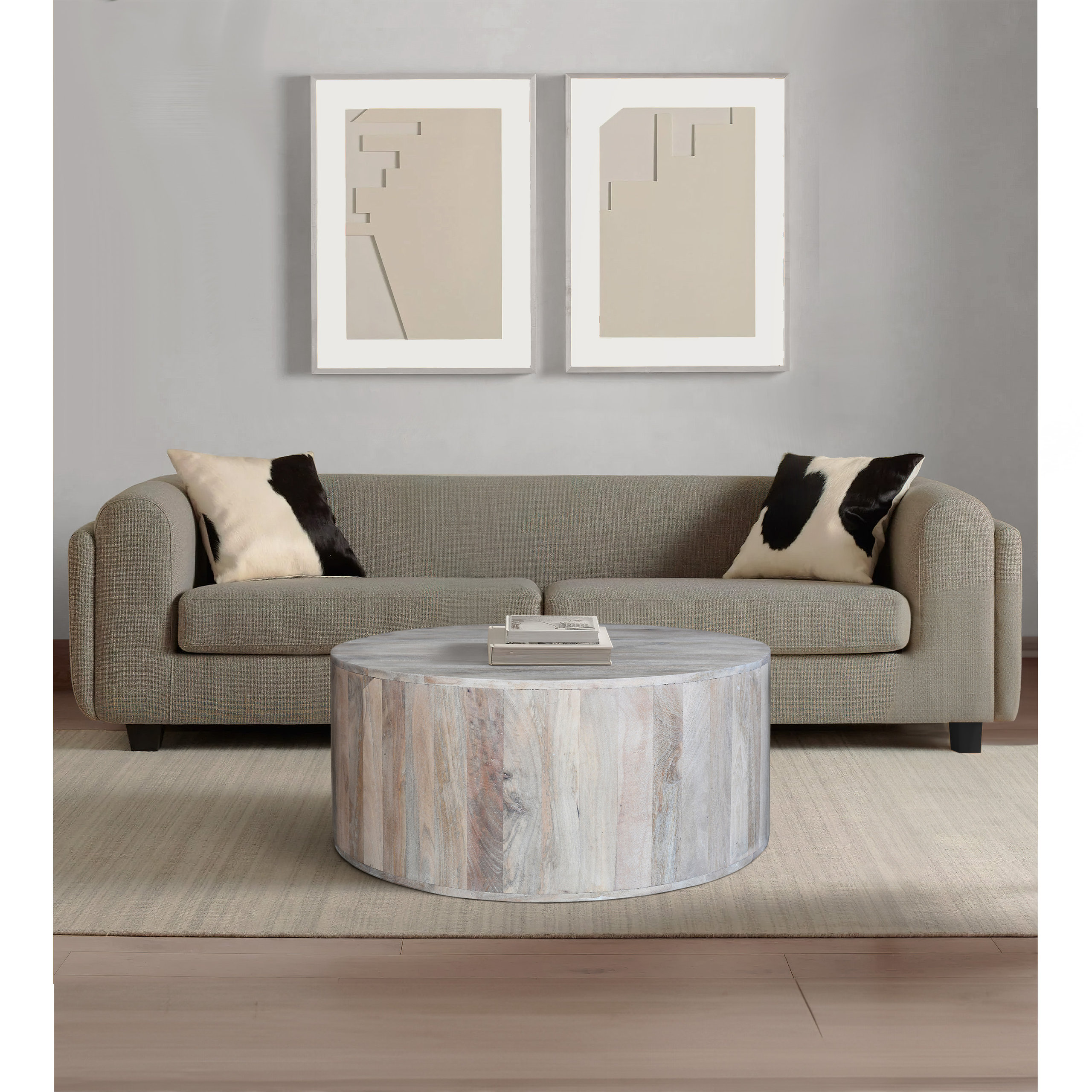 36" Coffee Table Handcrafted Drum Shape Sandblasted Washed White Mango ...