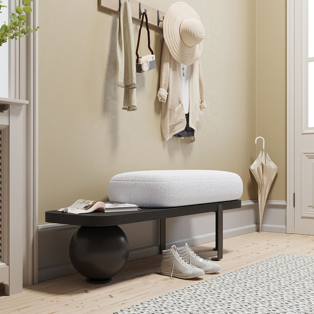 White/Black Wooden Entryway Bench Boucle Upholstered With Abstract ...