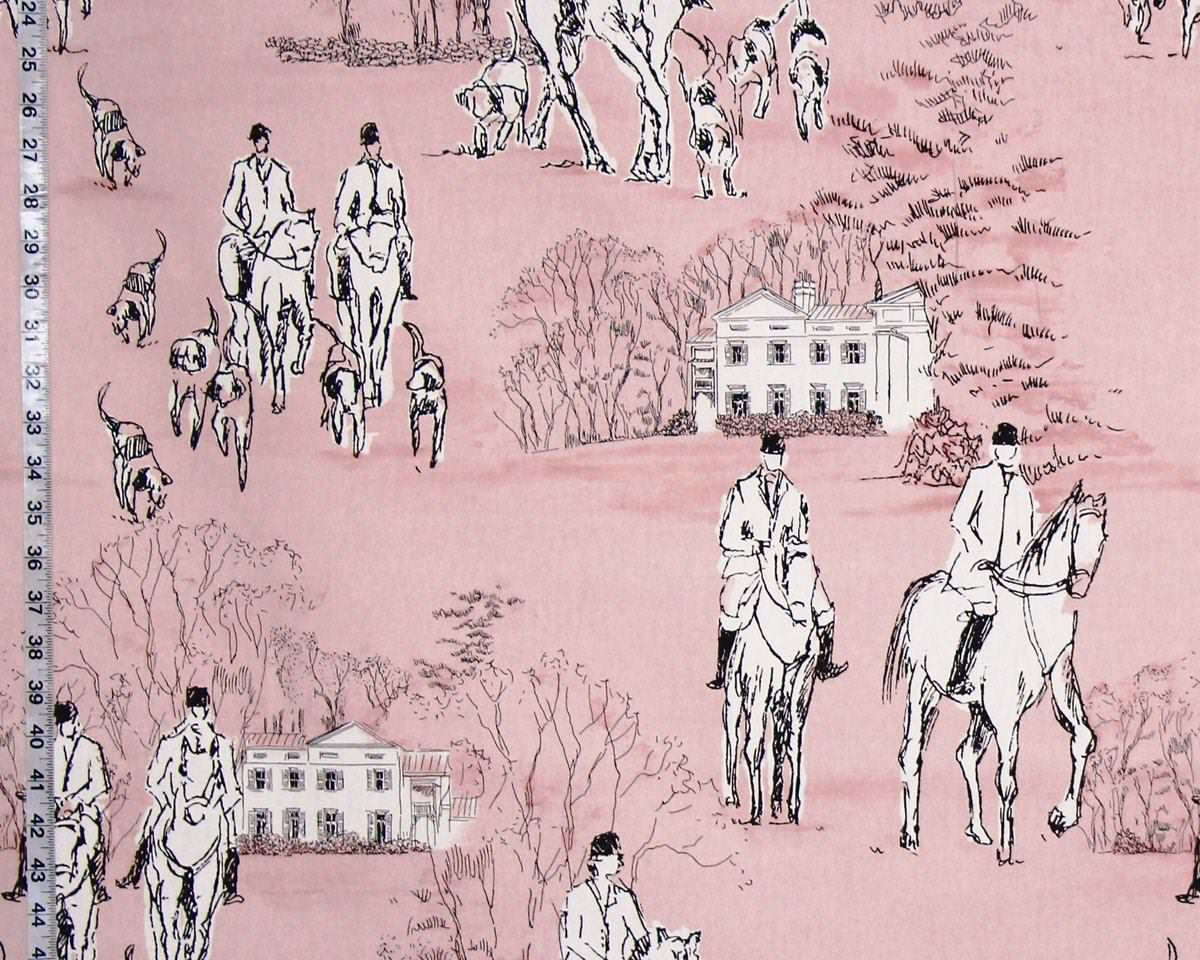 Pink equestrian toile fabric horse hunt, Standard Cut - Farmhouse ...