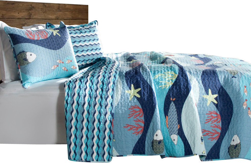 Sea Life Quilt Blue 3Pc Set Full/Queen - Beach Style - Kids Blankets ...