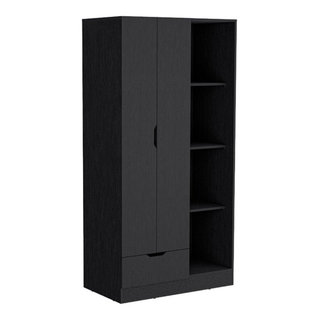 Pemberly Row Engineered Wood Armoire with 4-Tier Open Shelves in Black ...