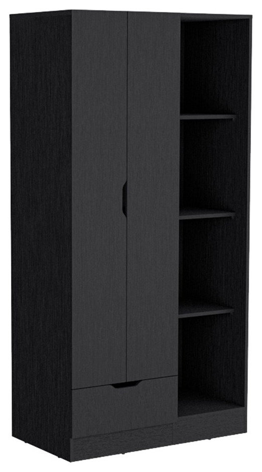 Pemberly Row Engineered Wood Armoire with 4-Tier Open Shelves in Black ...