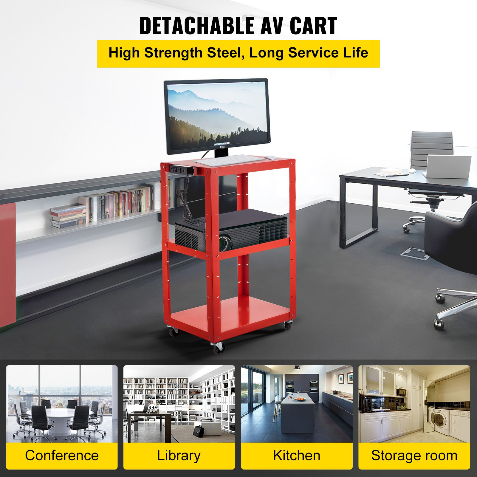 VEVOR Steel AV Cart Media Cart With Cord Management 26-41" Height ...