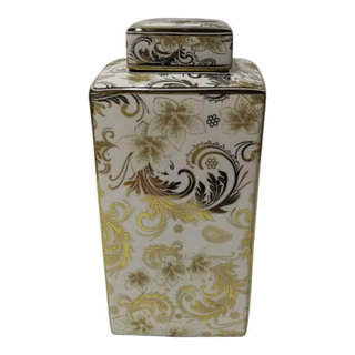 Exquisite Flower Designed Covered Jar, White And Gold - Contemporary ...