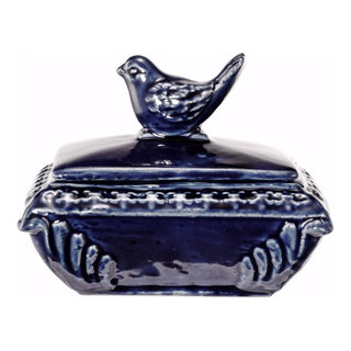 Blue Ceramic decorative Box with Bird Finial - Transitional ...