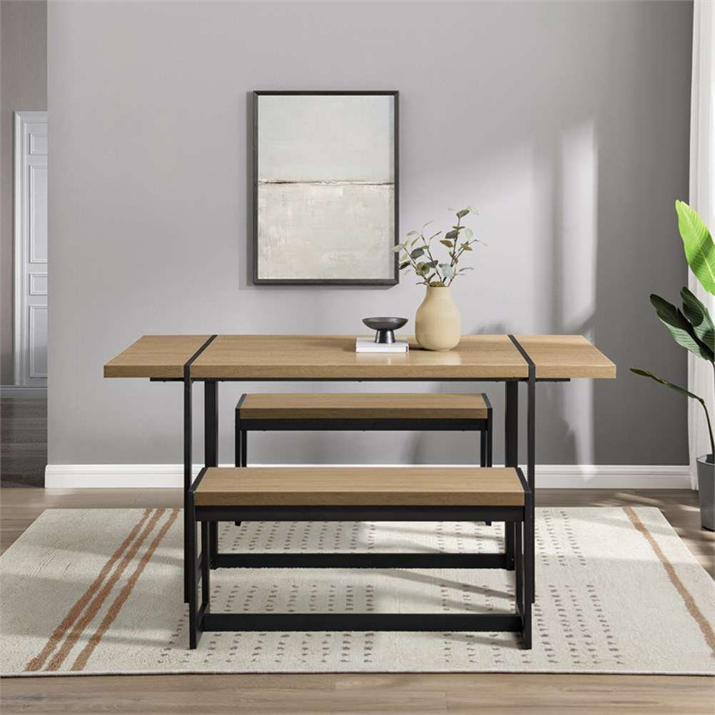 Pemberly Row 3Pcs Wood Industrial Dining Set w/ 2 Benches - Coastal Oak ...