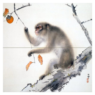 Tile Mural Japan monkey fruit persimmon Backsplash, 4.25" Ceramic ...