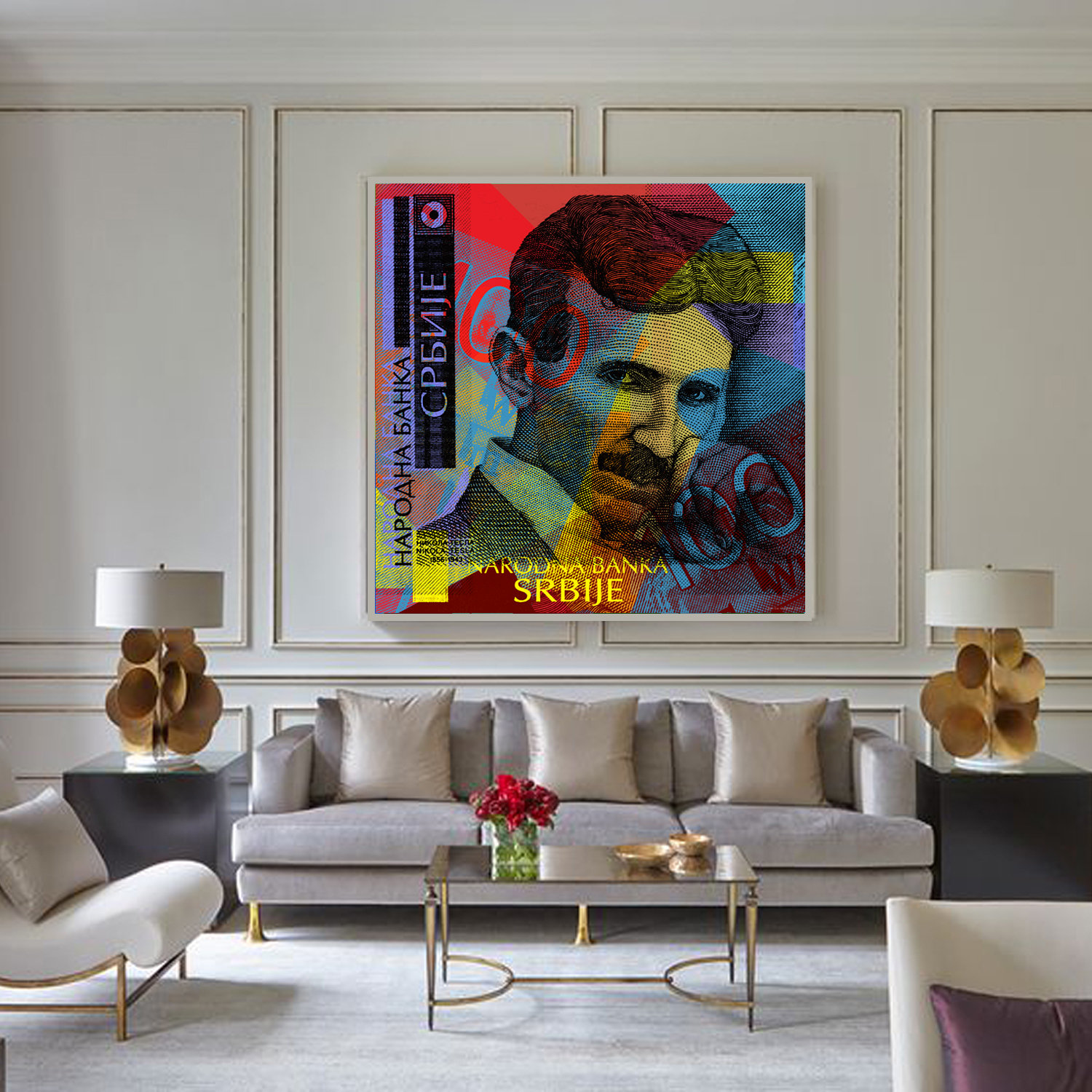 Nikola Tesla Pop Art, Detail 100 Dinar Banknote, 55x55 Rolled ...